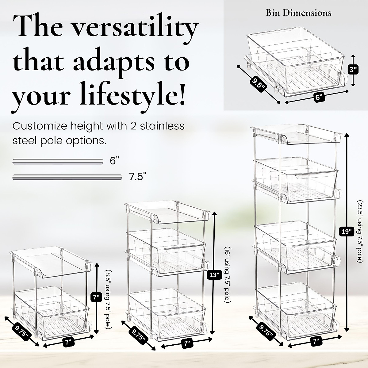 3 Tier Clear Under Bathroom Sink Organizer Pull Out Drawer | Bathroom Cabinet Organizer Under Sink | Under Vanity Organizer | Medicine Cabinet Storage | Bathroom Counter Organizer | (2 Pack)