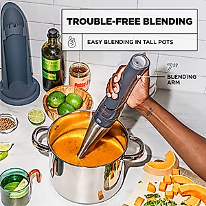 CRUX Cordless Hand Immersion Blender, Durable 7.5” Blending Arm, Quickly Blend, Mix Smoothies, Easily Whip, Puree Sauces/Soups, Conveniently Rechargeable, Easy to Clean with Dishwasher Safe Removeable Parts, Stainless Steel/Black