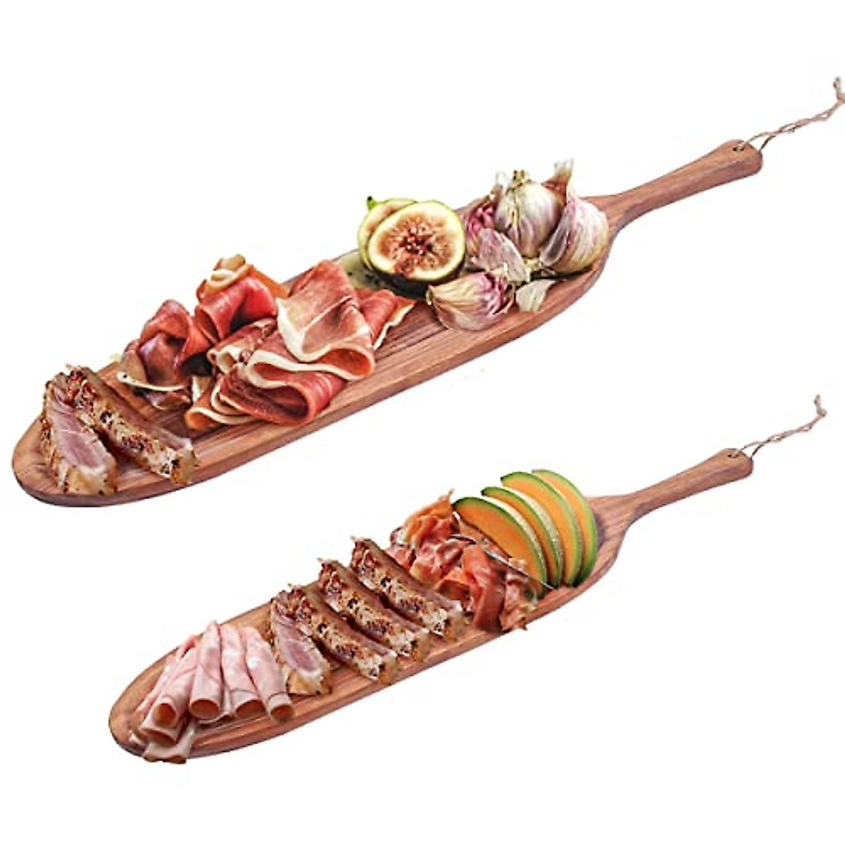 Set of 2 Acacia Wood Serving Trays,Oval Long Wooden Tray Plates for Serving Food,House Warming Gifts New Home Decor,Handmade Snack Board Bread Sushi Fruit Trays for Party