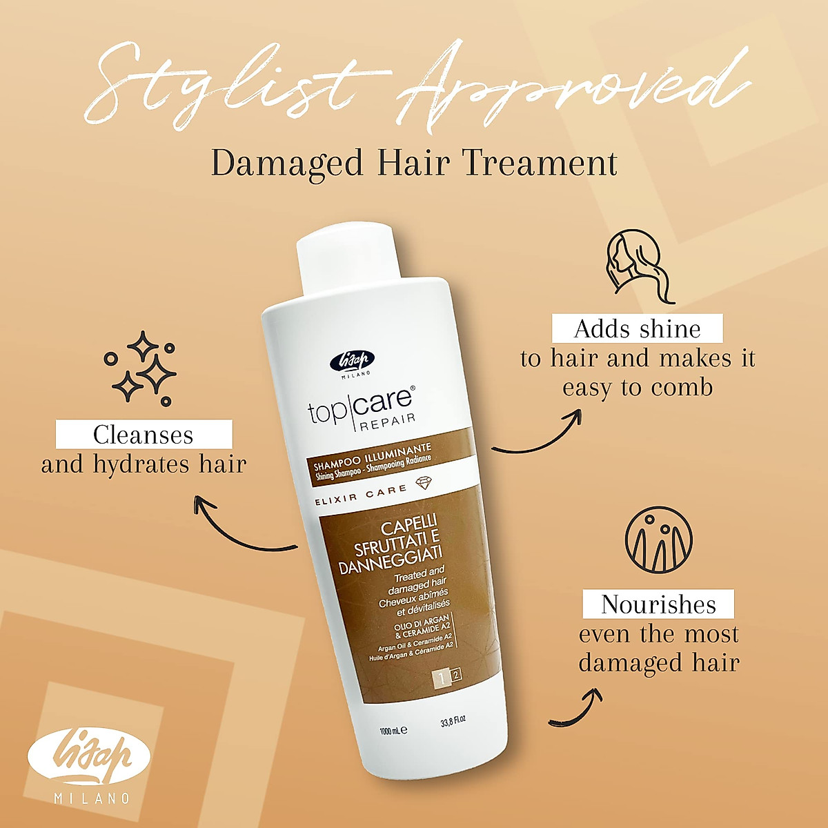 Lisap Top Care Repair | Elixir Care Shampoo | Cleanses, Hydrates, and Adds Shine to Dry, Damaged Hair | 16.91 fl oz