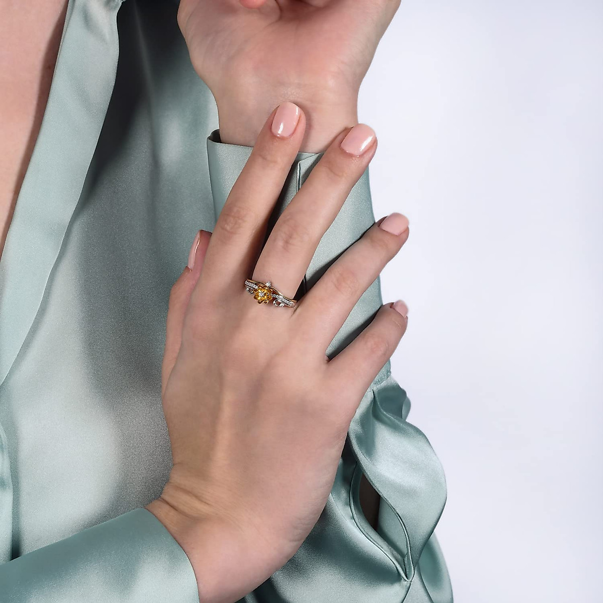 Jewelili Enchanted Disney Fine Jewelry Sterling Silver and 10K Yellow Gold 1/8 Cttw Natural White Round Diamond Tiana Engagement Ring (8)