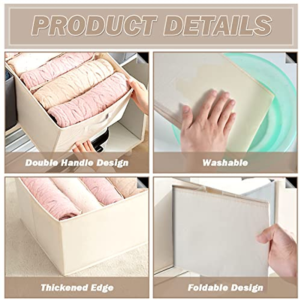 AUHSSAN 2 Packs Wardrobe Clothes Organizer, Foldable Closet Organizers Extra large 5 Grids Fabric Drawer Dividers with Double Handles for Jeans, Clothes, Pants, Sweaters, T-Shirts (Cream)