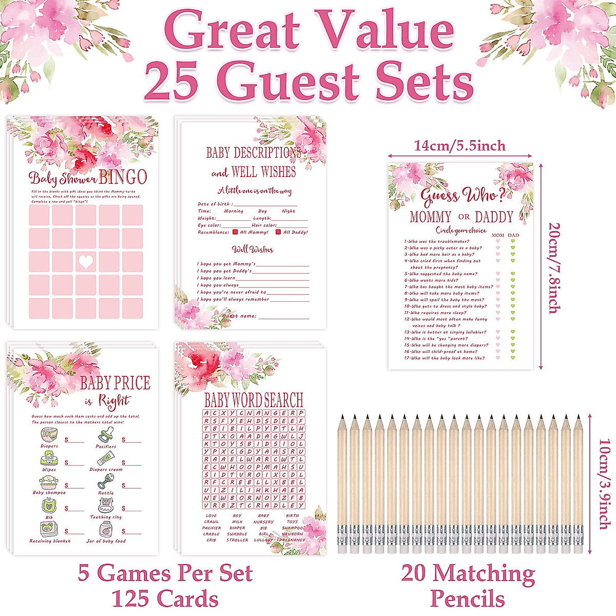 Outus 125 Pieces Floral Baby Shower Game for Girls 5 Games 20 Fun Complementary Pencils Baby Shower Games Activities Include Baby Descriptions and Wishes, Guess Who Games(250 Pieces)