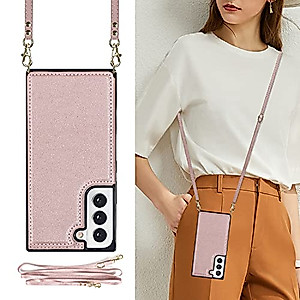 DEFBSC Compatible with Samsung Galaxy S22 Case, Crossbody Wallet Case, Adjustable Detachable Lanyard Neck Strap with Kickstand Leather Card Holder Protective Cover-Rose Gold