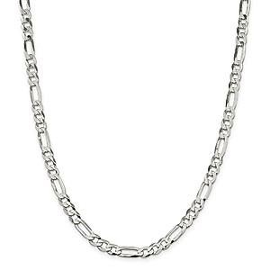Solid 925 Sterling Silver 7.5mm Flat Figaro Chain Necklace - with Secure Lobster Lock Clasp 22"