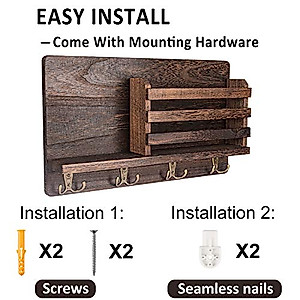 DUNCHATY Mail and Key Holder for Wall Decorative - Wall Mounted Rustic Mail Organizer with 4 Double Hooks and Mail Rack, Wood Shelf Home Decor for Entryway, Mudroom, Hallway