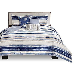 Madison Park Quilt Set Cottage Coastal Design, 6 Piece Set - All Season, Coverlet Bedspread Lightweight Bedding Layer, Shams, Toss Pillows, Full/Queen(90"x90"), Blue/White