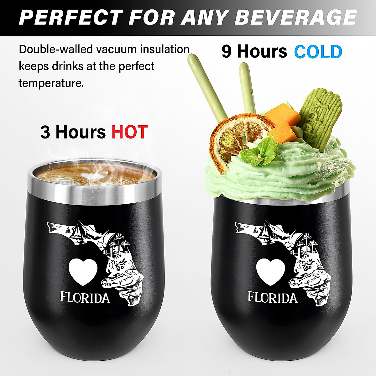 KAIRA Florida Gifts Wine Tumbler,State of Florida 12 OZ Insulated Vacuum Stainless Steel,Coffee Mug with Lid,Unique Themed Gifts Idea for Men,for boyfriend Husband Lover(Black) (Pack of 1)