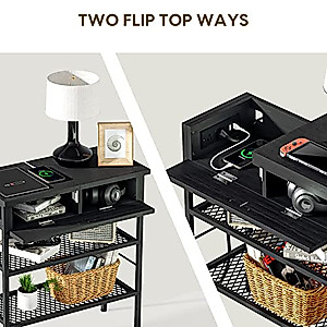 WASAGUN Narrow End Table with Charging Station, Black Nightstand with USB Ports and Outlets, Side Table Living Room Bedroom with Drawer, Skinny Bedside Table Storage Shelves for Small Spaces