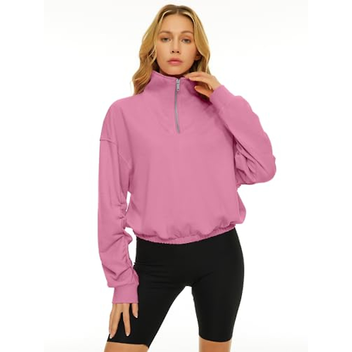Trendy Queen Half Zip Pullover Womens Sweatshirts Cropped Hoodies Quarter Zip Long Sleeve Fall Outfits Fashion Clothes 2023 Pink