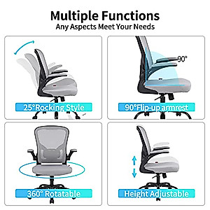 Flysky Ergonomic Office Chair, Mesh Home Office Desk Chair with Flip-up Arms and Lumbar Support, Height Adjustable, Swivel, Gray