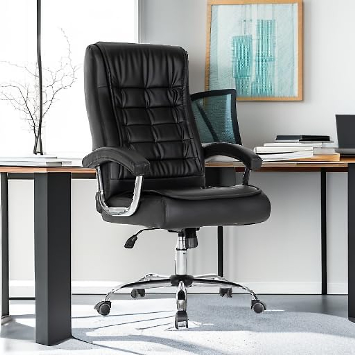 Hoxne Executive Office Chair Adjustable Leather Chair High Back Swivel Office Desk Chair with Padded Armrest 350lbs Load-Bearing Spring Seat Computer Desk Chair for Home Office (Black)