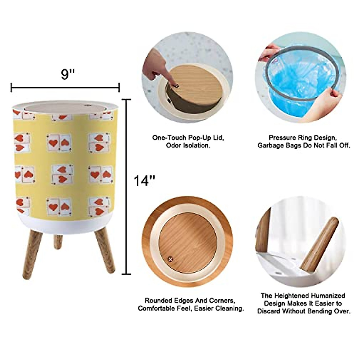 Round Trash Can with Press Lid Game cards seamless Design gambling Repeated texture in doodle style Small Garbage Can Trash Bin Dog-proof Trash Can Wooden Legs Waste Bin Wastebasket 7L/1.8 Gallon