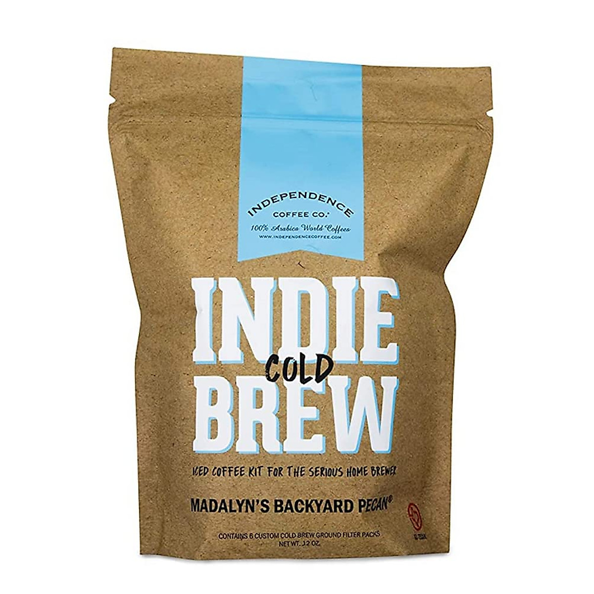 Independence Coffee Co. Indie Cold Brew Iced Coffee Kit, Madalyn's Backyard Pecan Flavored Mellow Body, Light Roast Coffee, 12 Ounce (Contains 6 Custom Cold Brew Ground Filter Packs)