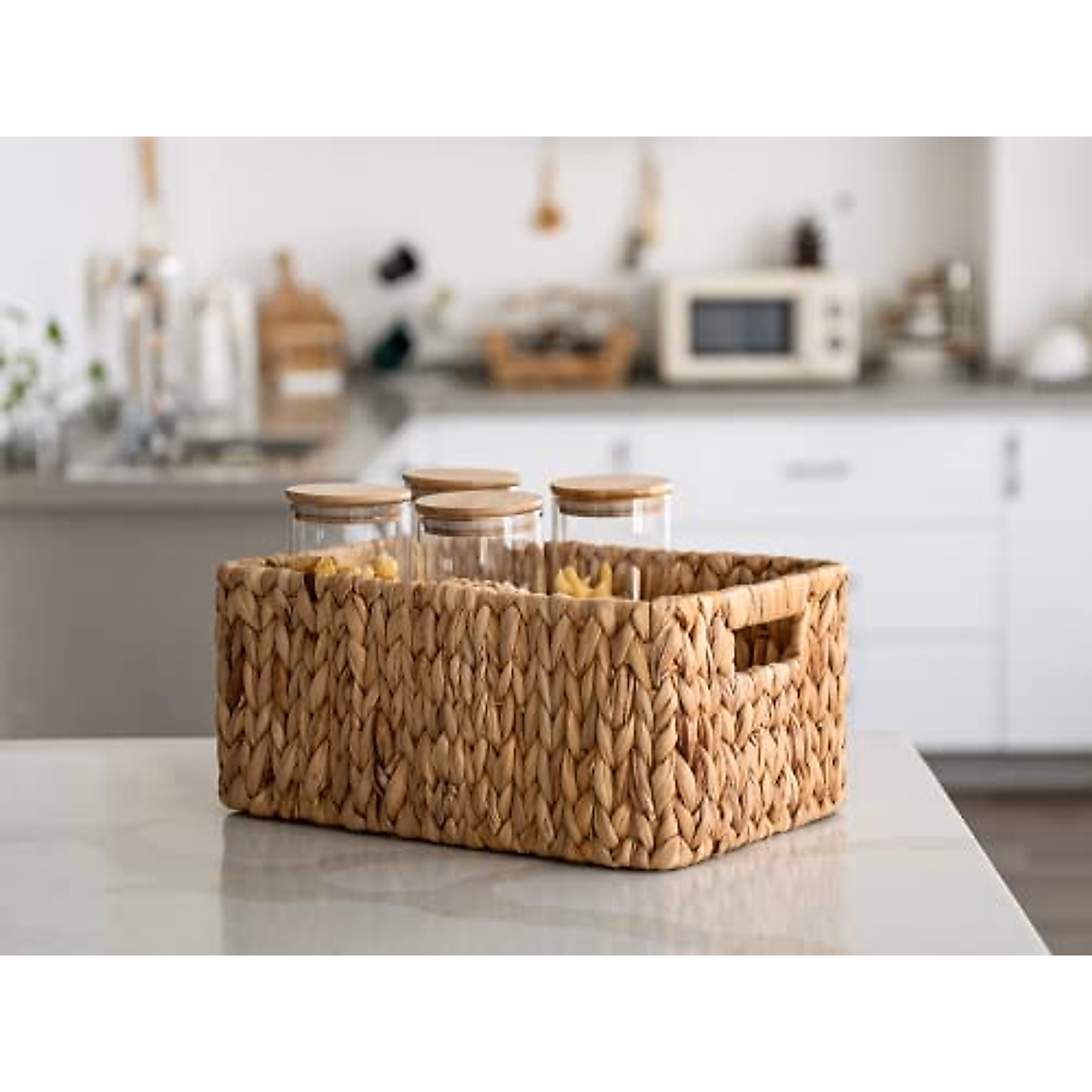 StorageWorks Water Hyacinth Storage Baskets, Square Wicker Baskets with Built-in Handles, Hand-Woven Baskets for Bedroom, Bathroom, Pantry, Shelves, Set of 3 (1PC Large, 2PCS Medium)