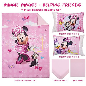Disney Minnie Mouse Helping Friends 4 Piece Toddler Bedding set - Fitted Sheet, Pillow Case, Top Sheet, and Comforter Quilt - Pink