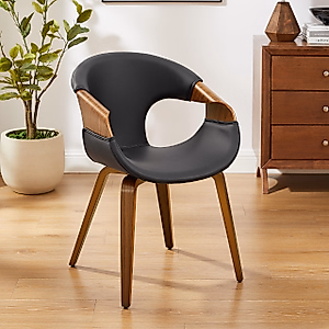 Art Leon Desk Chair No Wheels - Mid Century Modern Chair, Faux Leather Upholstered Office Chair with Wood Legs for Living Room Bedroom, Walnut Bentwood, Black