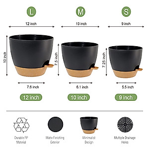 UOUZ Large Self Watering Pots, 12/10/9 Plastic Planters with High Drainage Holes and Deep Reservoir for Indoor Outdoor Garden Plants and Flowers, Black with Brown