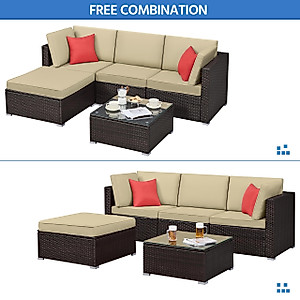 Yaheetech Patio Furniture Set, 5-Piece Outdoor/Indoor Rattan Wicker Sofa Set w/Glass-top Table & Cushions, All-Weather Conversation Lounge Set for Porch/Yard/Poolside/Balcony - Brown/Khaki