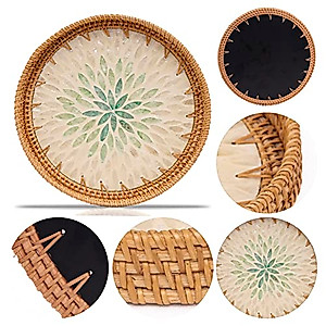 BemiaoCrafts Rattan Tray with Mother of Pearl Inlay Wooden Base, Lacquer Serving Basket for Breakfast, Food, Round Tray as Coffee Table Decor, Mother of Pearl Decoration, Storage, Display