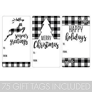 Black and White Plaid Christmas Gift Tags, 75 Gift Wrap Tags, Buffalo Plaid Wrapping Paper Supplies, Peel and Stick Christmas Gift Tags
