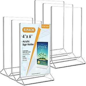MaxGear Acrylic Sign Holder-Table Card Display-4 X 6 inches Clear Sign Display Holder-Plastic Table Menu Stand -Double Sided Ad Picture Frame for Office, Home, Store, Restaurant, 6 Pack