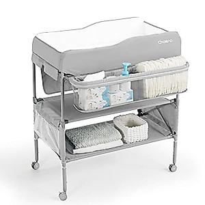 Baby Changing Table Portable Adjustable Changing Station for Tall, Foldable Diaper Changing Tables, Easy Clean Changing Table Topper, Large Storage Cholena Changing Station for Nursery, Light Grey