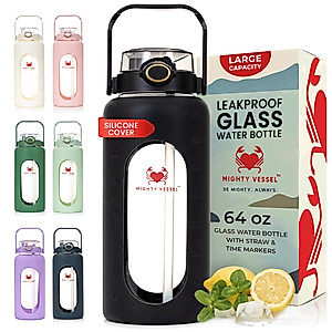 Leakproof 64 oz Glass Water Bottle - Borosilicate Large Glass Water Bottle with Straw, Silicone Sleeve and Time Markers, Half Gallon Jug, Suitable for Travel, Sports, Gym, and Daily Intake