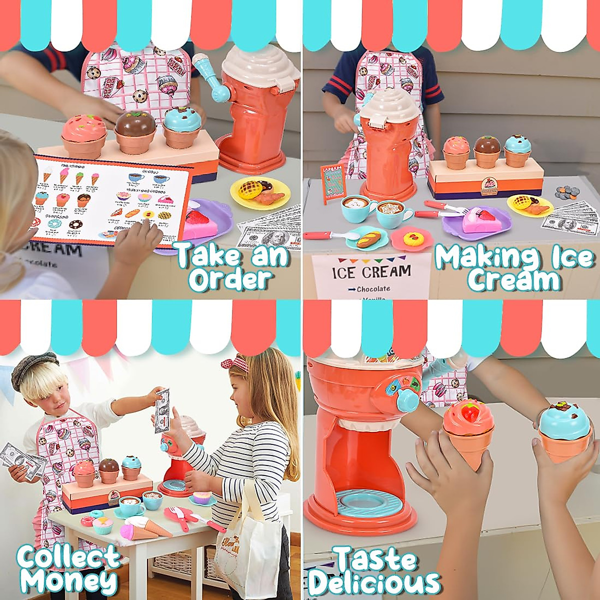 G.C 61Pcs Ice Cream Play Set Toy Kids Toddlers Pretend Play Ice Cream Maker Shop Counter Apron Scoop Dessert Food Kitchen Accessories Playset Girls Boys Birthday Gifts for 3 4 5 6 Years Old