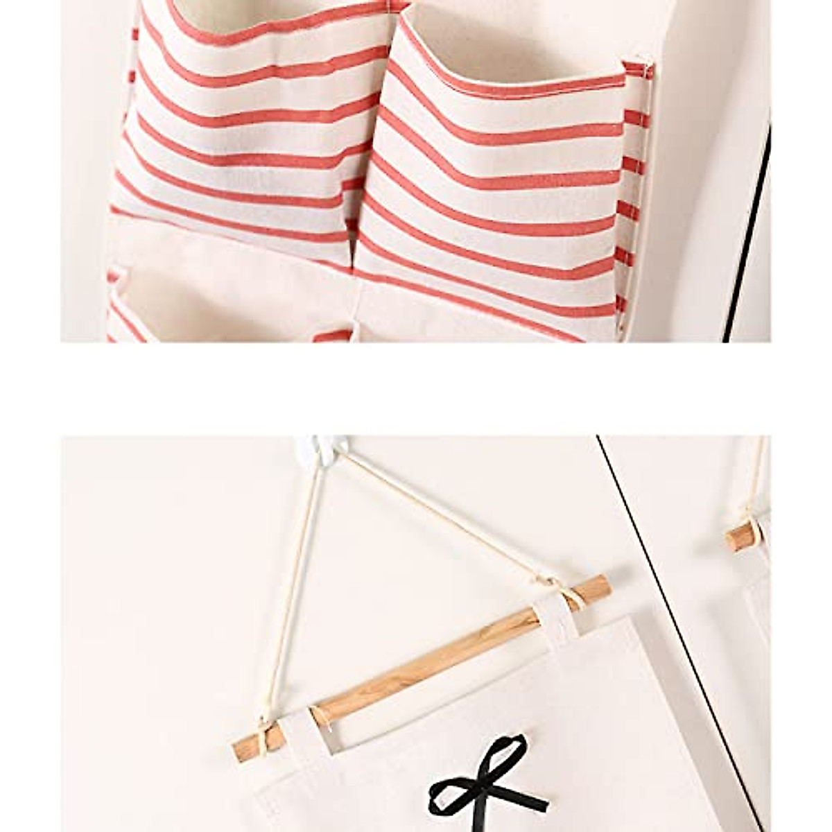 Halyuhn 24 x 10 Inch 6 Pockets Wall Hanging Storage Bag, White Red Striated Waterproof Linen Fabric Organizer with Self Adhesive Hook Wood Bar, Narrow 3-Shelf Over The Door Closet Pockets Chart