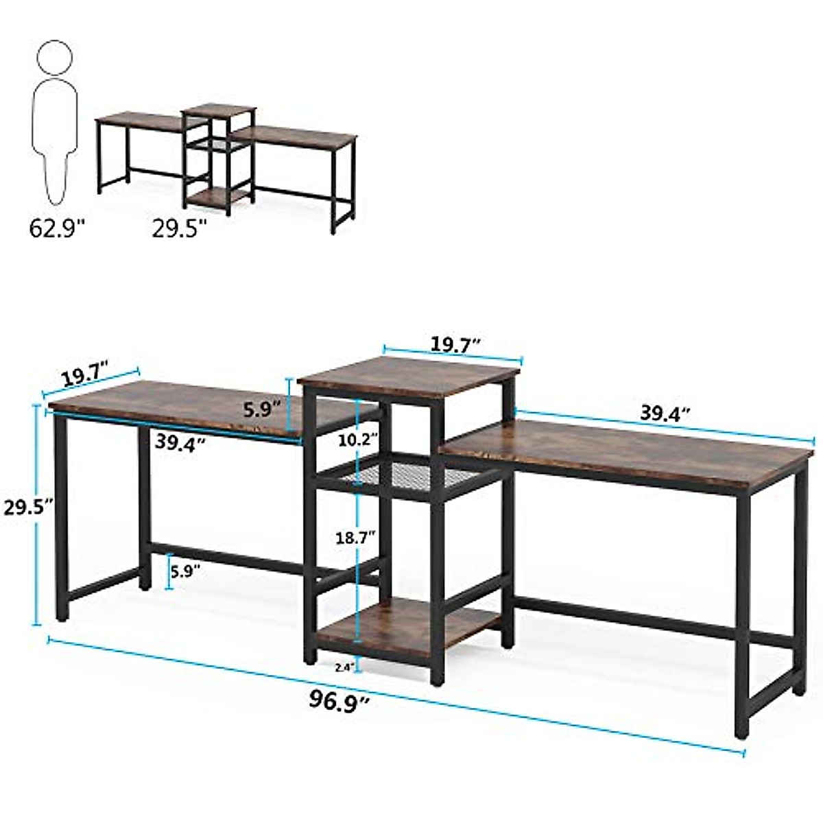 Tribesigns 96.9" Double Computer Desk with Printer Shelf, Extra Long Two Person Desk Workstation with Storage Shelves, Large Office Desk Study Writing Table for Home Office, Dark Brown