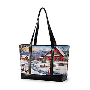 Snowy Christmas Painting Farmhouse Laptop Tote Bag for Women Canvas Teacher Tote Bags Travel Work Bag Handbags Purse Zipper