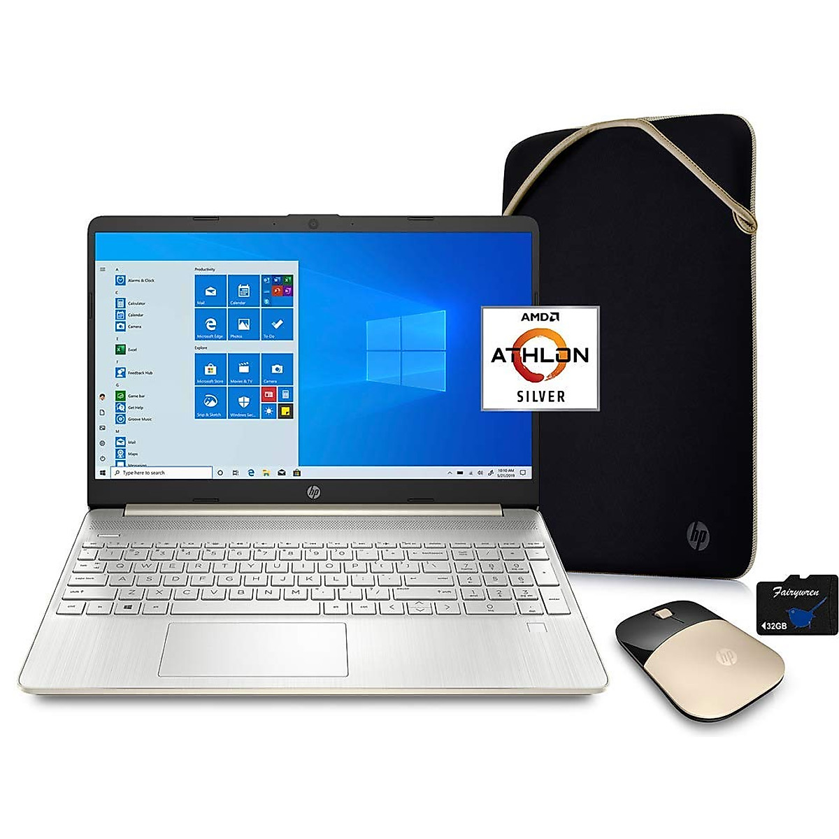 HP 2021 15.6" HD Laptop Computer, AMD Athlon Silver N3050U, 4GB RAM, 128GB SSD, HDMI, USB-C, WiFi, Webcam, Windows 10 S with Office 365 for 1 Year, Mouse, Sleeve + Fairywren Card (Pale Gold)