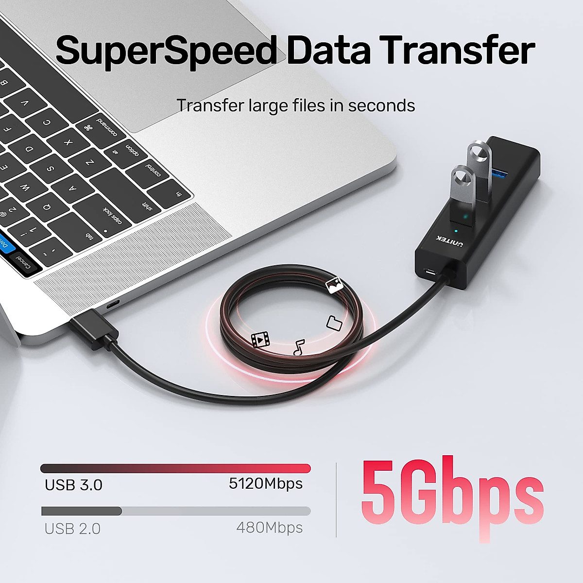 Unitek 4-Port USB 3.0 Hub, 4 Ft Long Cable USB Extension Multiple Port Splitter with Micro USB Charging Port Compatible for Windows PC, Laptop,Flash Drive,Wireless Mouse Keyboard 1.2 M - Black