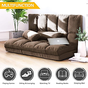 Harper & Bright Designs Adjustable Floor Sofa and Couch for Living Room and Bedroom, 5 Position Floor Gaming Chair, LoveSeat (Loveseat Couch, Brown Couch)