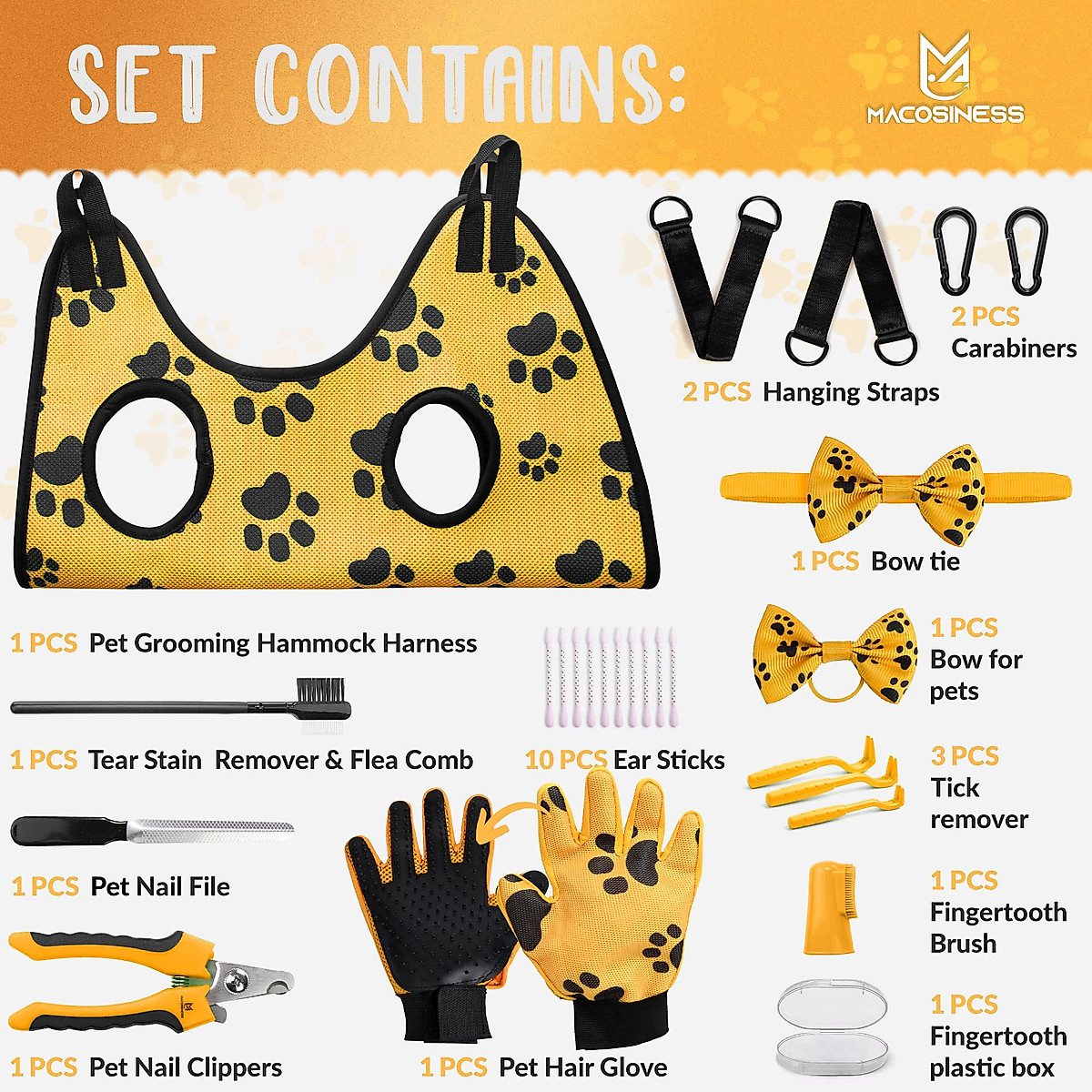 MAcosiness Pet Grooming Hammock for Nail Trimming - Complete Groomers Helper Set for Pet - Dog Grooming Hammock with Hook - Cat Nail Clipper - Dog Hammock for Nail Clipping (S, Gold with Black Paws)