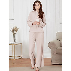 YKR Womens Loungewear Set 2 Piece Waffle Knit Lounge Sets Hooded Top and Wide Leg Pant Sweatsuits with Pockets Beige L