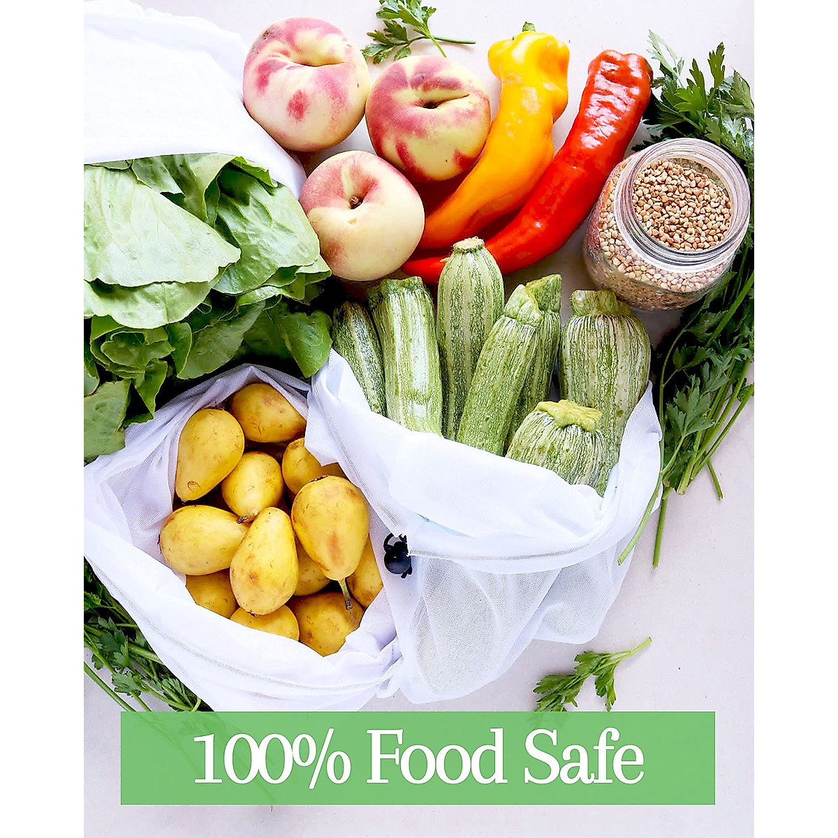 purifyou Reusable Produce Bags | Washable Mesh Set of 9 Grocery with Drawstring, Large Foldable Washable Shopping Bags for Fridge Storage, Freshness, Fruits, Vegetables, Toys, Groceries, Kitchen, Home, Farmers Market, Gift Bags and Travel