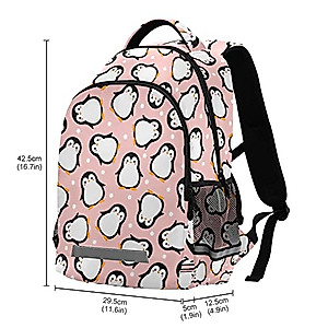 JIPONI Pink Penguin and Polka Dot Backpack For Girls Boys School Kids Bookbag Travel Laptop Backpack Purse Daypack With Chest Strap
