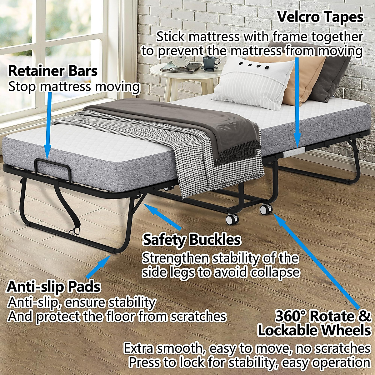 Folding Bed with Mattress 75" x 38" Twin Size Folded Bed, Rollaway Guest Bed Portable Foldable Extra Bed for Adults Fold up Bed with 5" Memory Foam Mattress Space-Saving Sturdy Metal Frame (Grid)