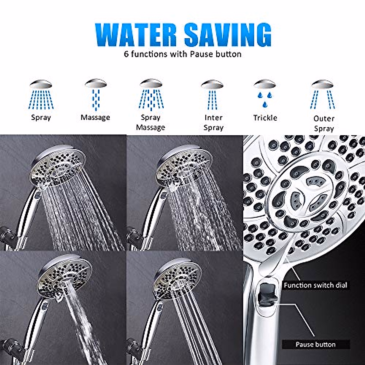 Handheld Shower Head, WASSERN 5.2'' High Pressure 6 Setting 81 Jets Rainfall Massage Water Saving Trickle Pause Extra Long 80'' Stainless Steel Hose Angle Adjustable Brass Ball Joint Bracket Chrome