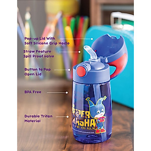 Masha and the Bear 14oz Kids Water Bottle With Straw - Spill Proof Straw Valve, Pop Button, BPA Free Water Bottle for Kids School - Featuring Soft Silicone Handle Grip - Children's Drinkware - Blue