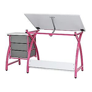 SD STUDIO DESIGNS 2 Piece Comet Center Plus, Craft Table and Matching Stool Set with Storage and Adjustable Top, 50" W x 23.75" D x 29.5" H, Pink/White