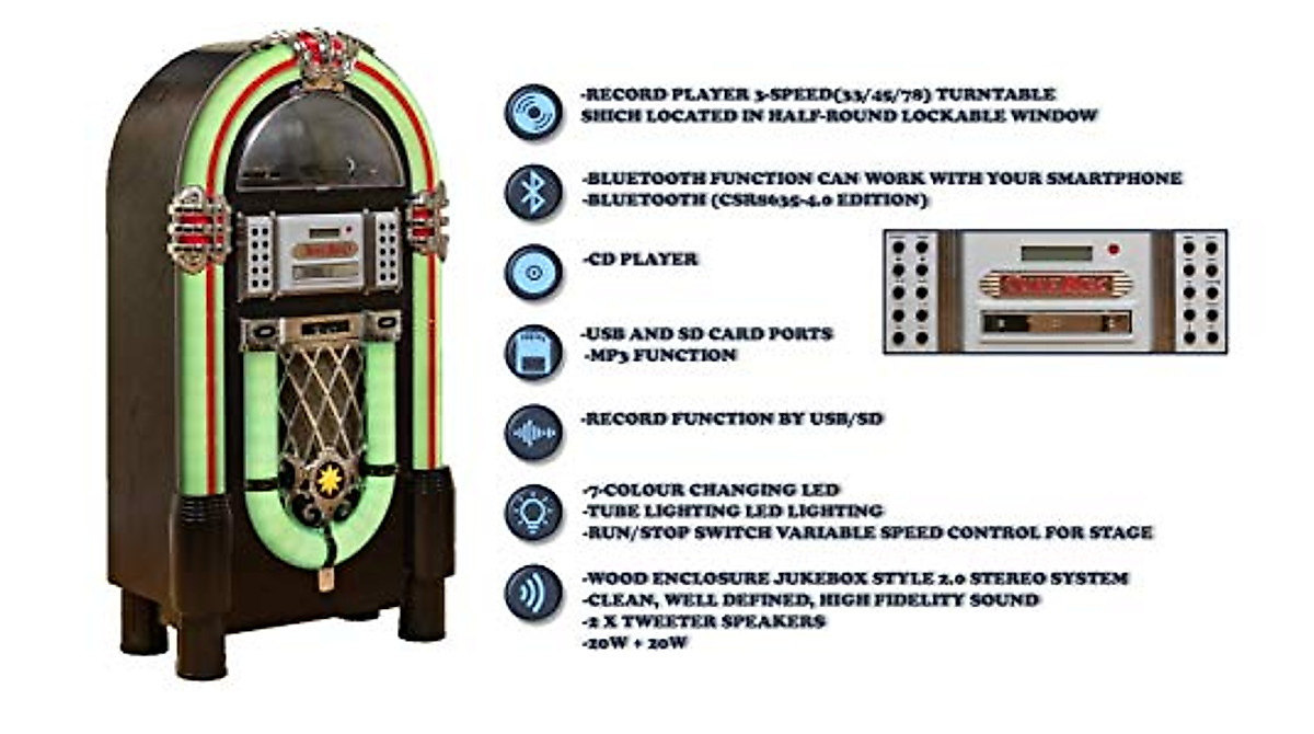 Roxby Retro Full Size Jukebox Cd Player with Bluetooth Stereo Record ...