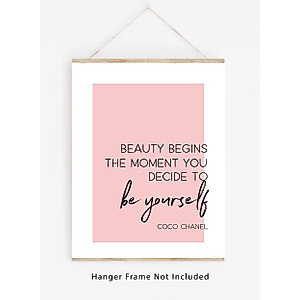 Coco Chanel Inspirational “Beauty Begins” Typography Word Wall Art - 11x14 UNFRAMED Pink, Black & White Print - Makes a Great Gift for Lovers of Minimalist, Fashion, Motivational Decor.
