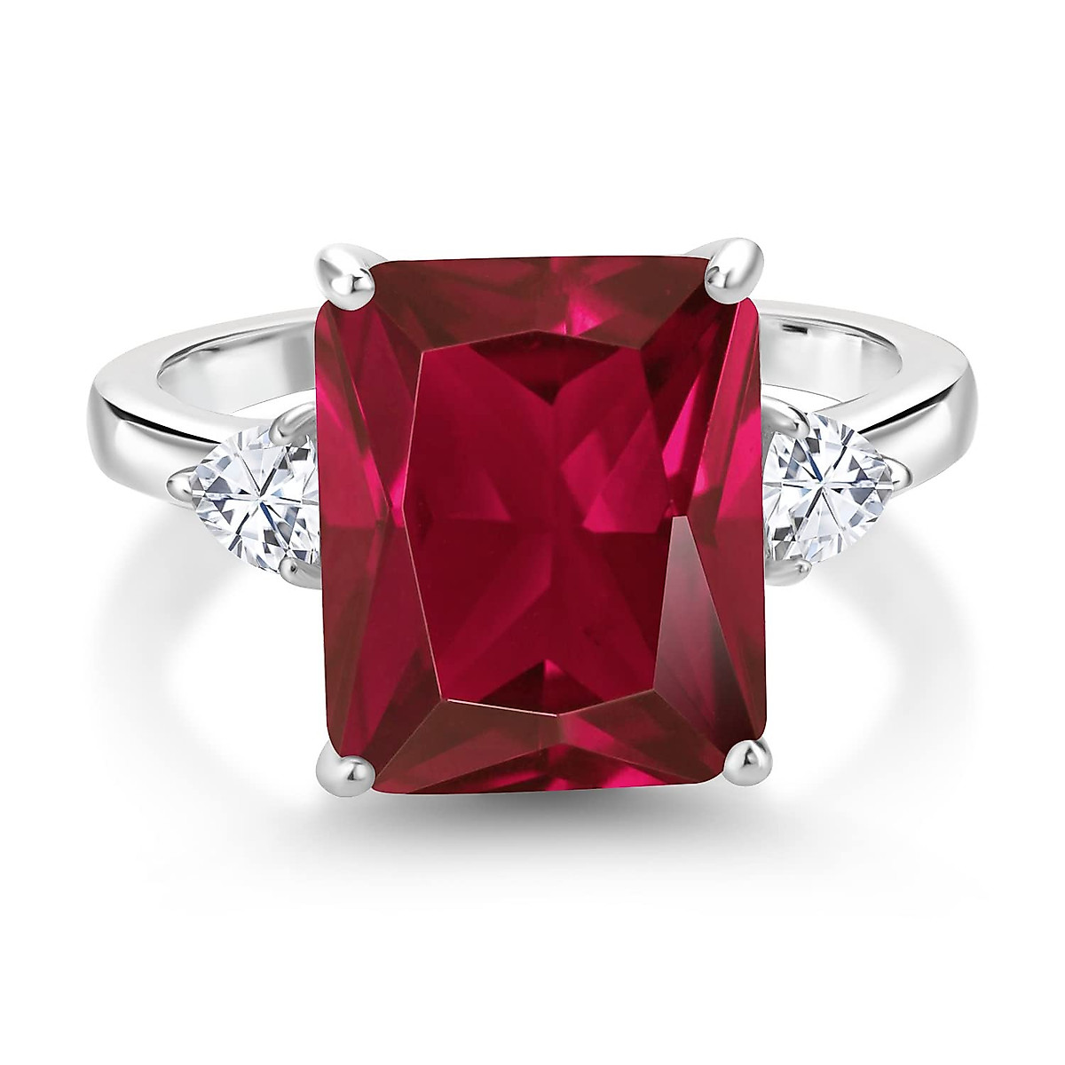 Gem Stone King 925 Sterling Silver Red Created Ruby and White Moissanite 3 Stone Ring For Women (6.02 Cttw, Emerald Cut 12X10MM, Trillion 3.5MM, Available In Size 5, 6, 7, 8, 9)