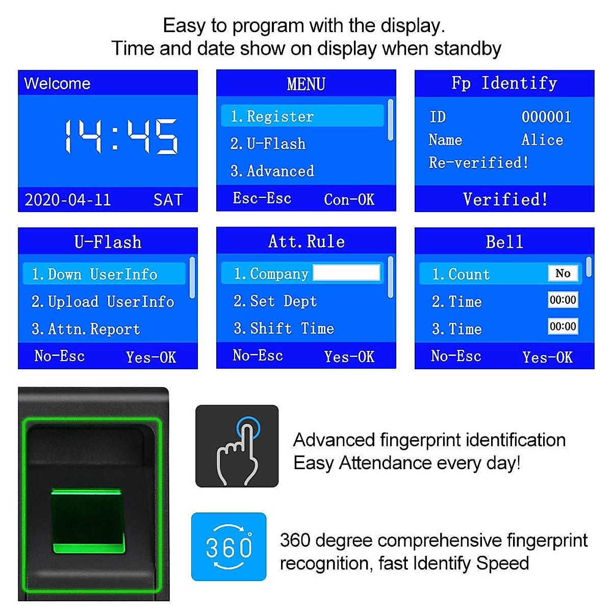 LIBO Intelligent Biometric Fingerprint Time Attendance Machine Time Clock Recorder Employee Check-in Device Access Control Keypad with RFID Key fobs