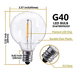 25Ft LED String Lights, G40 Outdoor Patio String Lights with 27 Shatterproof LED Clear Globe Bulbs, Indoor&Outdoor String Lights for Patio Garden Backyard Bistro Pergola Tents Gazebo Decor, White Wire