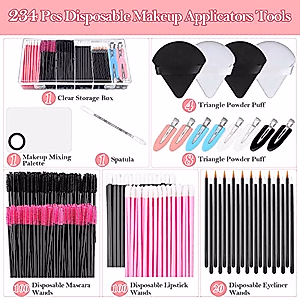 Disposable Makeup Applicators Accessories Kit with Makeup Mixing Tray Triangle Puff Makeup Artist Supplies with Mascara Wands, Lip Brushes, Hair Clips Makeup Puffs for Face with Storage Box