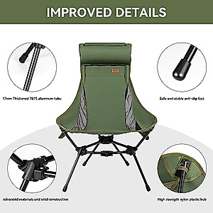 TOBTOS High Back Camping Chair, Lightweight Camping Chair with Headrest, Stable Portable Folding Chair for Outdoor Camp, Hiking, Backpacking (Green)